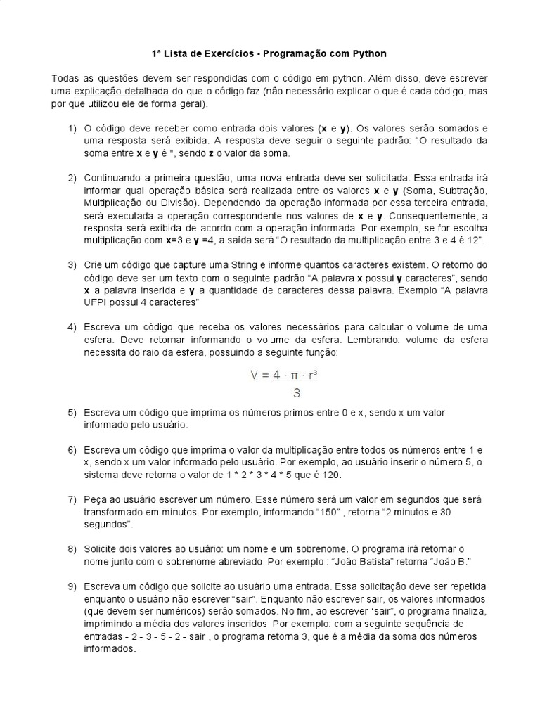 1 Lista Exercícios Programação Com Python Introdução A Computação