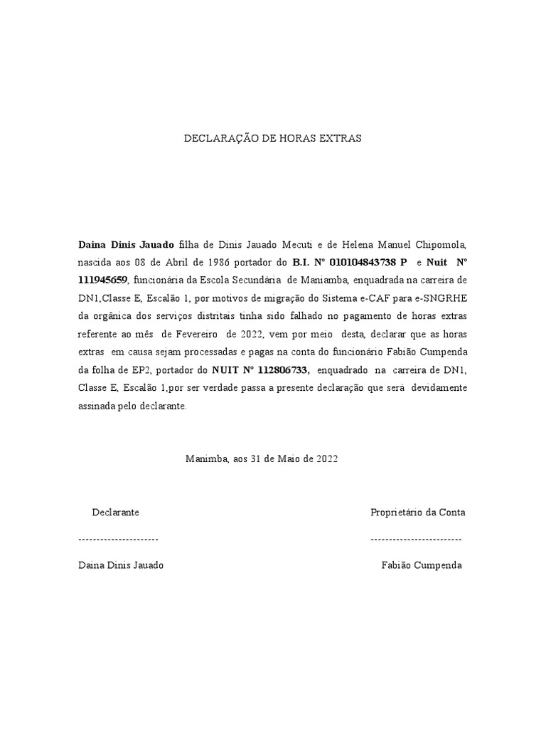 Declaracao de Horas Extras | PDF