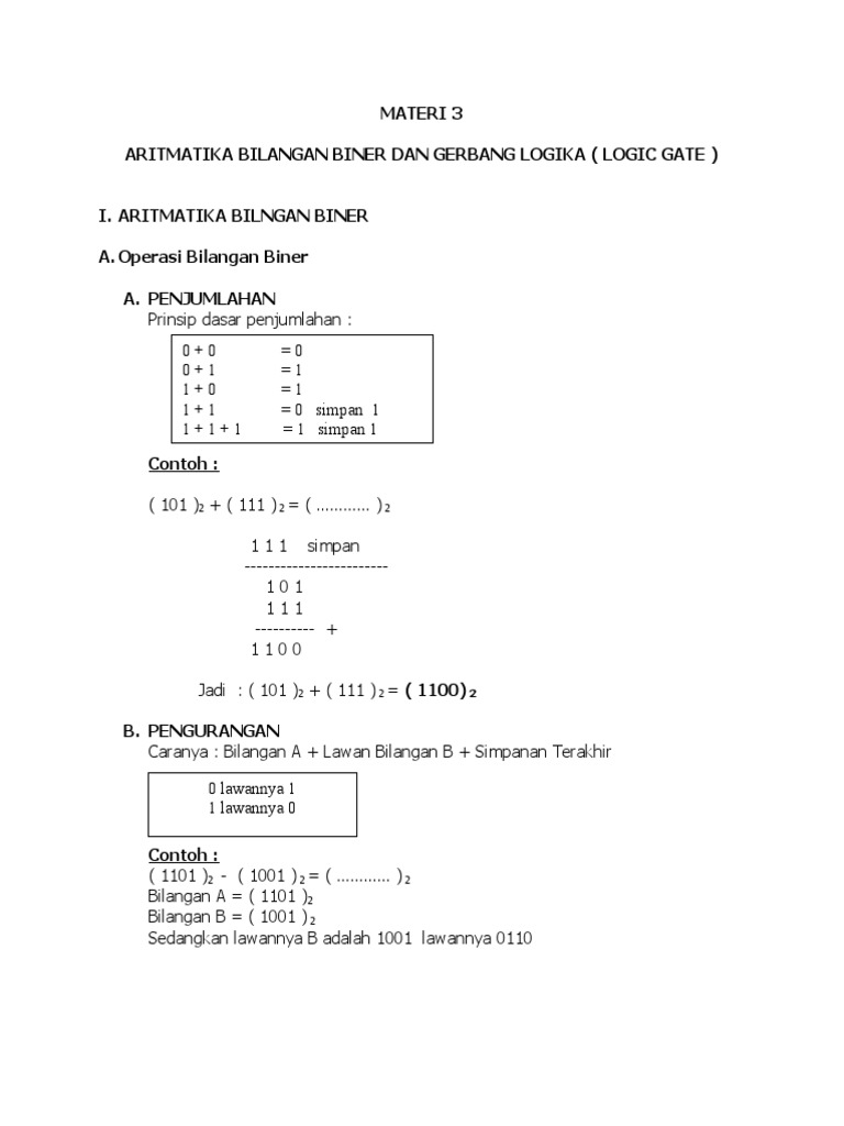 Materi 3 Aritmatika Bilangan Biner Dan Gerbang Logika | PDF