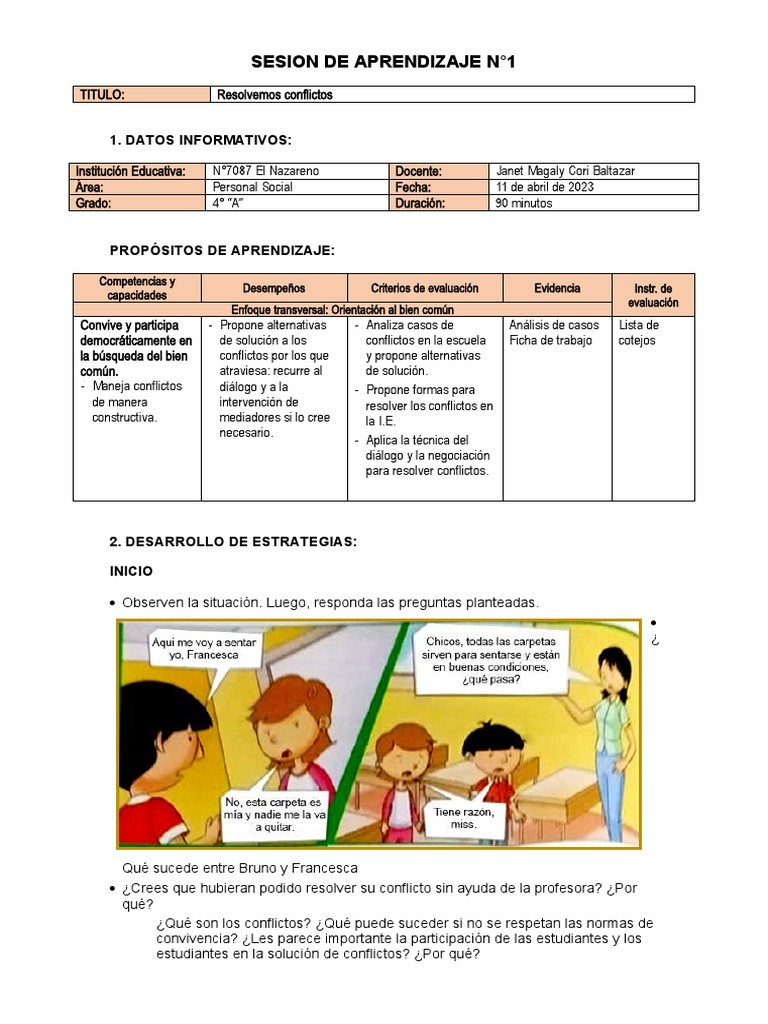 Sesion de Aprendizaje N°1: 1. Datos Informativos | Descargar gratis PDF | Mediación | Evaluación