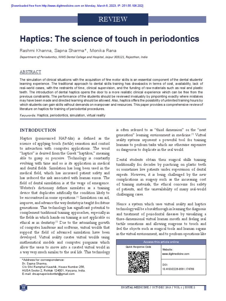 Haptics in Dentistry: A Review | PDF | Simulation | Dentistry