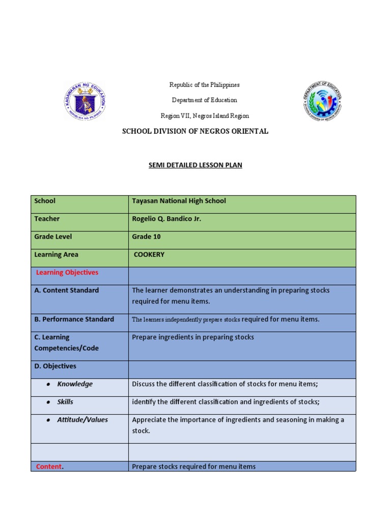 Semi Detailed Lesson Plan in Cookery 10 | PDF | Stock (Food) | Foods