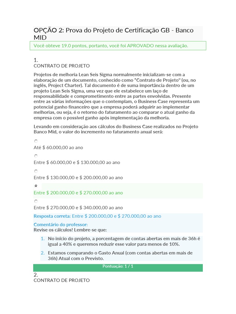 Prova Green Belt - Banco Mid - Opção 2 - Edti | PDF | Seis Sigma | Dados