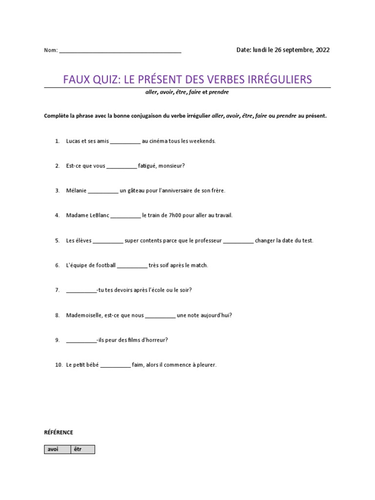 Quiz Présent Verbes Irréguliers Français | PDF