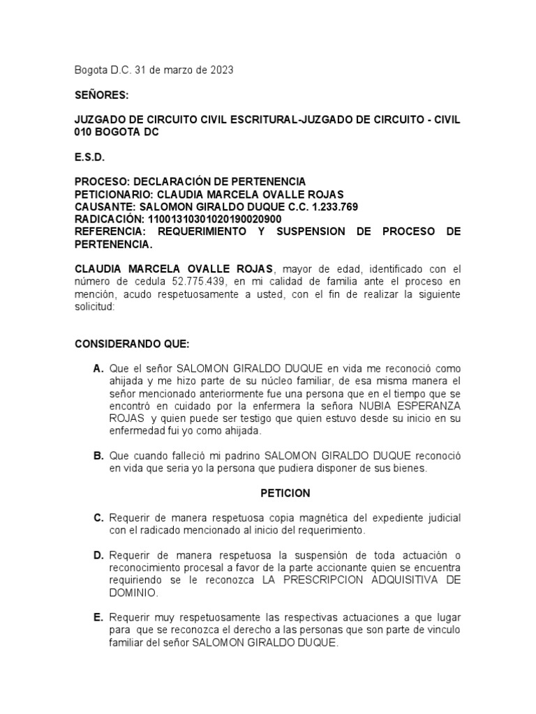 Requerimiento Claudia Ovalle | PDF | Derecho