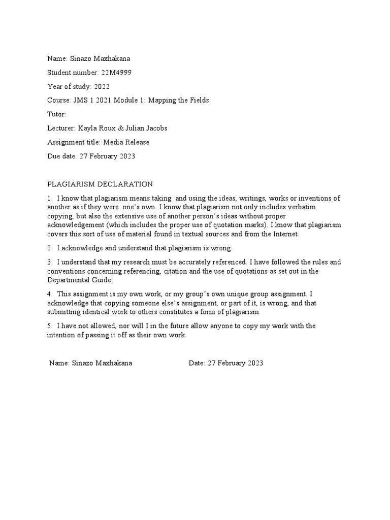 Media Release: Sinazo Maxhakana's Work | PDF | Plagiarism | Communication