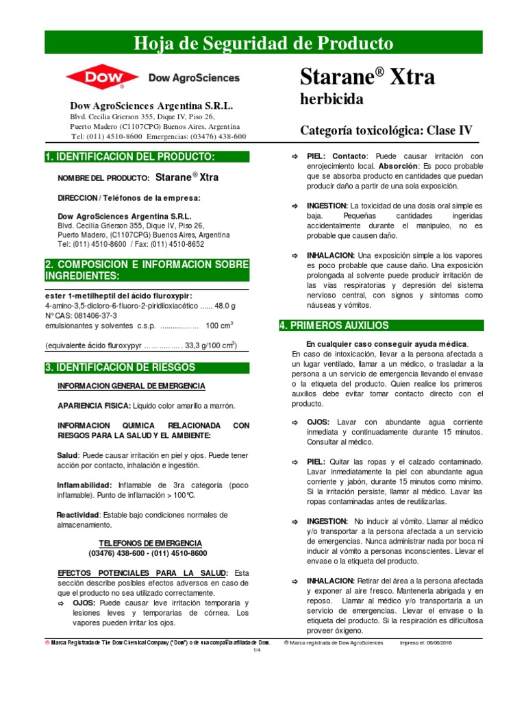 Starane Xtra: Hoja de Seguridad de Producto | PDF | Agua | Toxicología