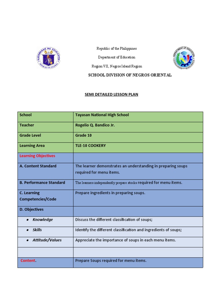 Lesson Plan Cookery Preparing Soup | PDF | Soup | Stock (Food)