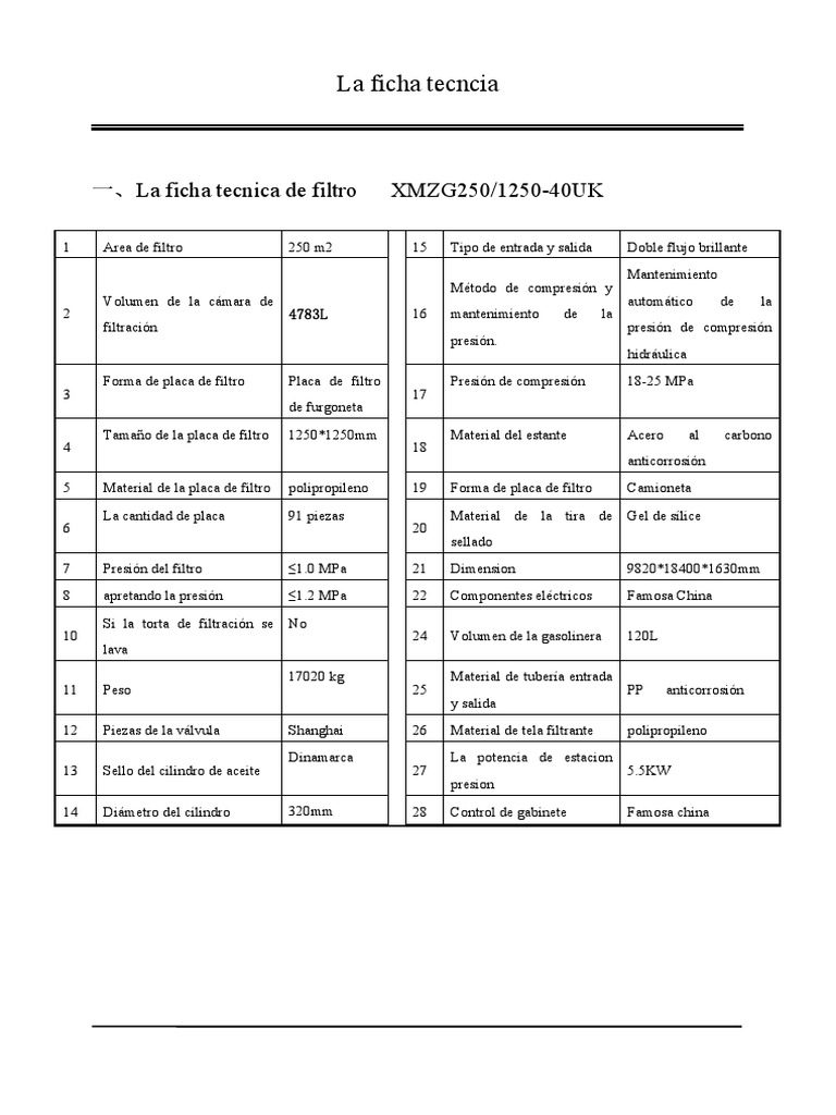 La Ficha Tecnica de Filtro | PDF | Filtración | Ingeniería mecánica