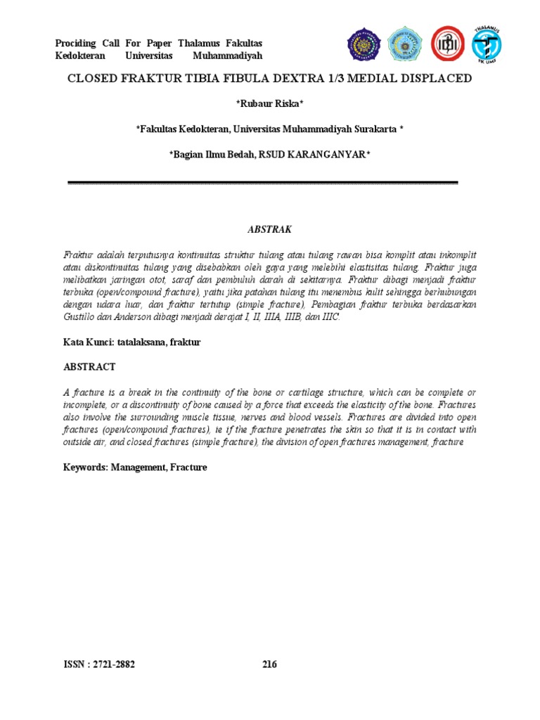 Closed Fraktur Tibia Fibula Dextra 1/3 Medial Displaced: Abstrak | PDF