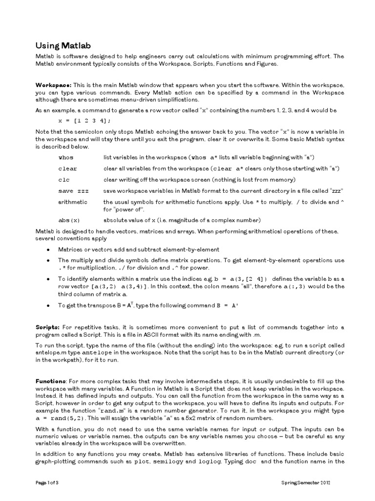 Using Matlab: Page 1 of 3 Spring Semester 2012 | PDF | Matlab | Matrix (Mathematics)