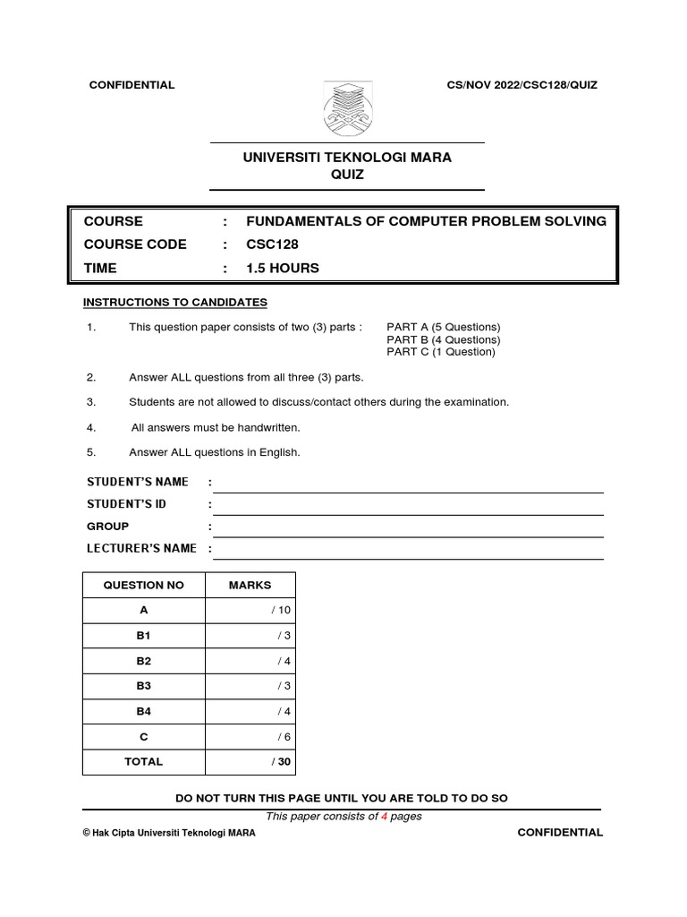 2022 Oct - CSC128 Quiz - Q | PDF | Computer Program | Programming
