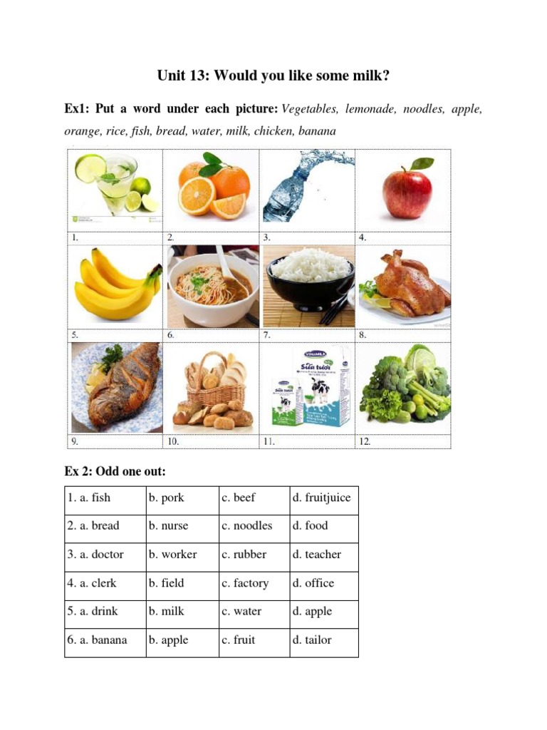 Bai Tap Tieng Anh Lop 4 Unit 13 Would You Like Some Milk Co Loi Giai | PDF | Food And Drink | Foods