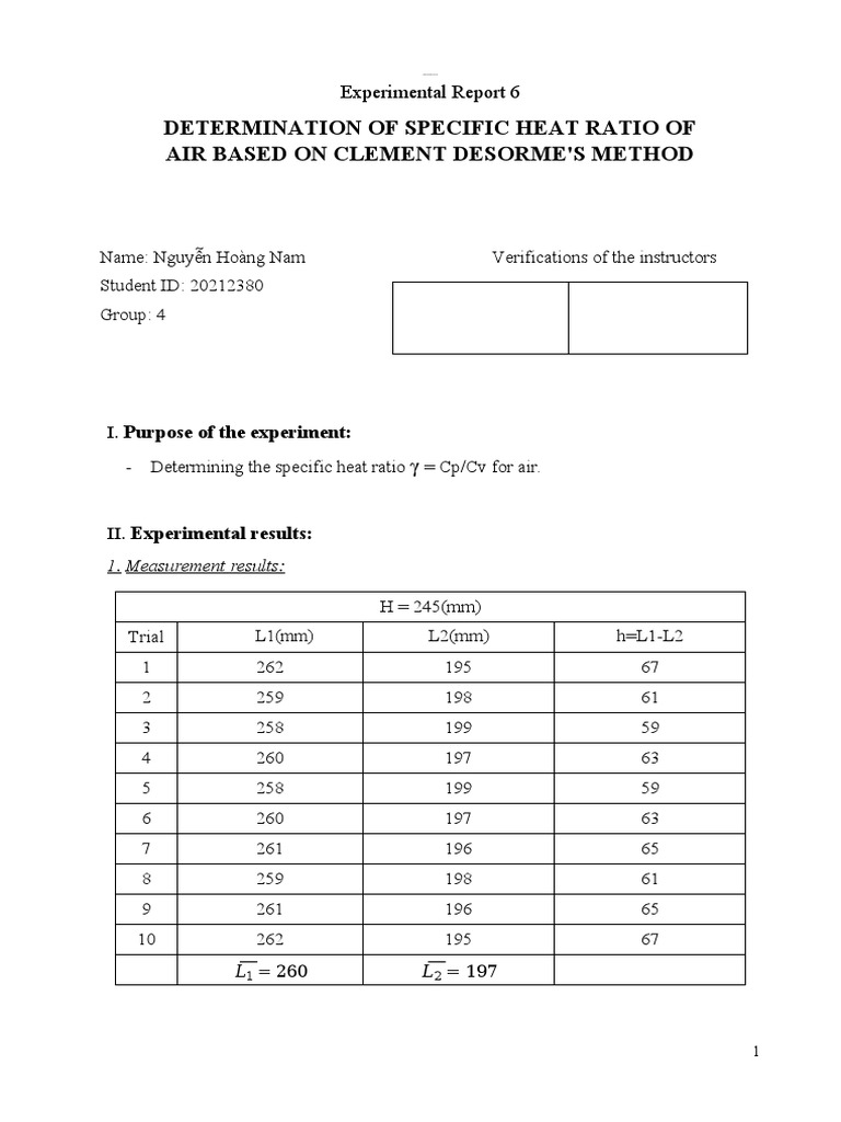 Specific Heat Ratio of Air Experiment | PDF | Chemistry | Physics
