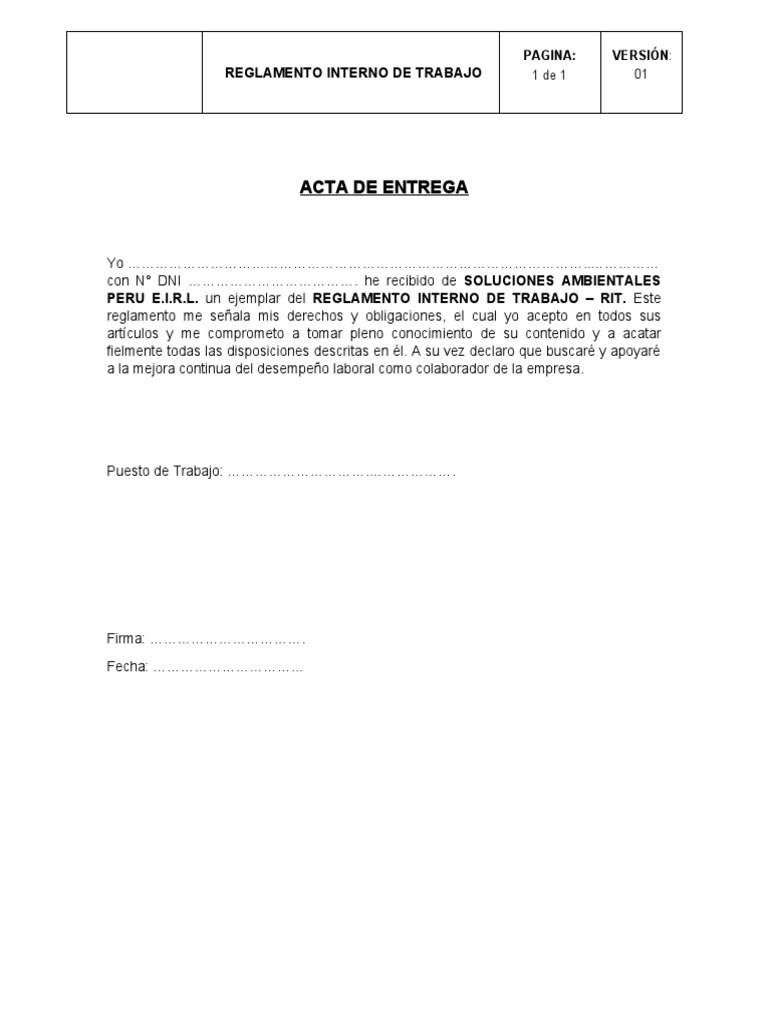 Acta de Entrega: Reglamento Interno de Trabajo | PDF