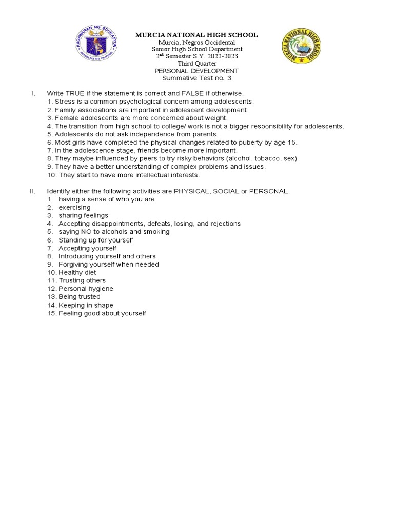 Perdev Summative Test 3 | PDF Perdev Summative Test 3 | PDF