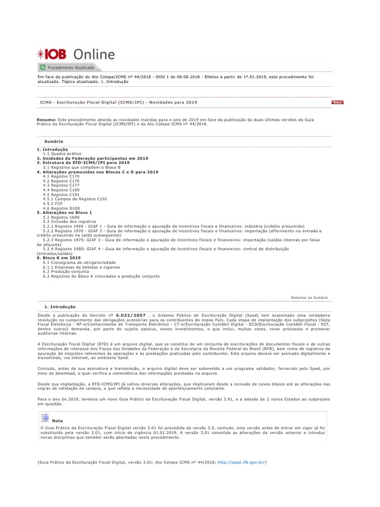 ICMS - Escrituraçâo Fiscal Digital (ICMS IPI) - Novidades para 2019 ...