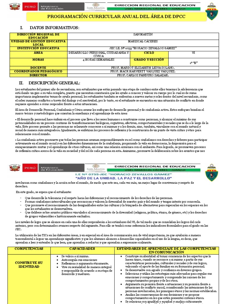 Programación Curricular Anual DPCC 1° 2023 | PDF | Enseñando | Aprendizaje