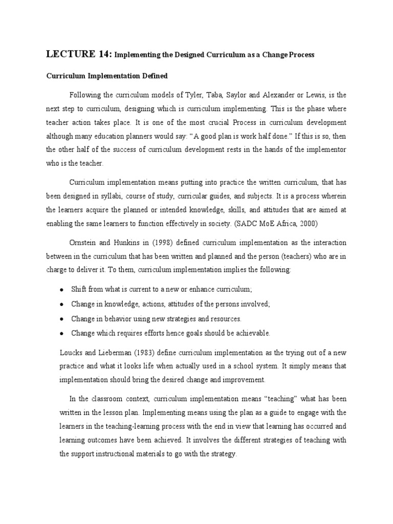 LECTURE 14 - Implementing The Designed Curriculum As A Change Process | PDF | Curriculum | Teachers