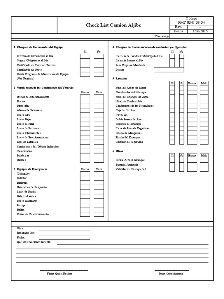 Check List Camion Aljibe | PDF | Neumático | Vehículos de ruedas