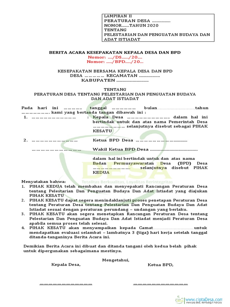 BA. Kesepakatan BPD Dan Pemdes - Perdes Budaya | PDF