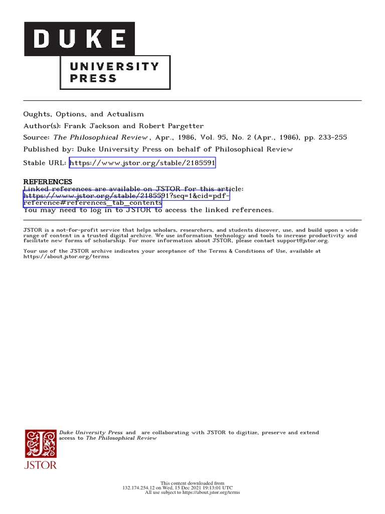 Jackson and Pargetter, Oughts, Options, and Actualism | PDF ...