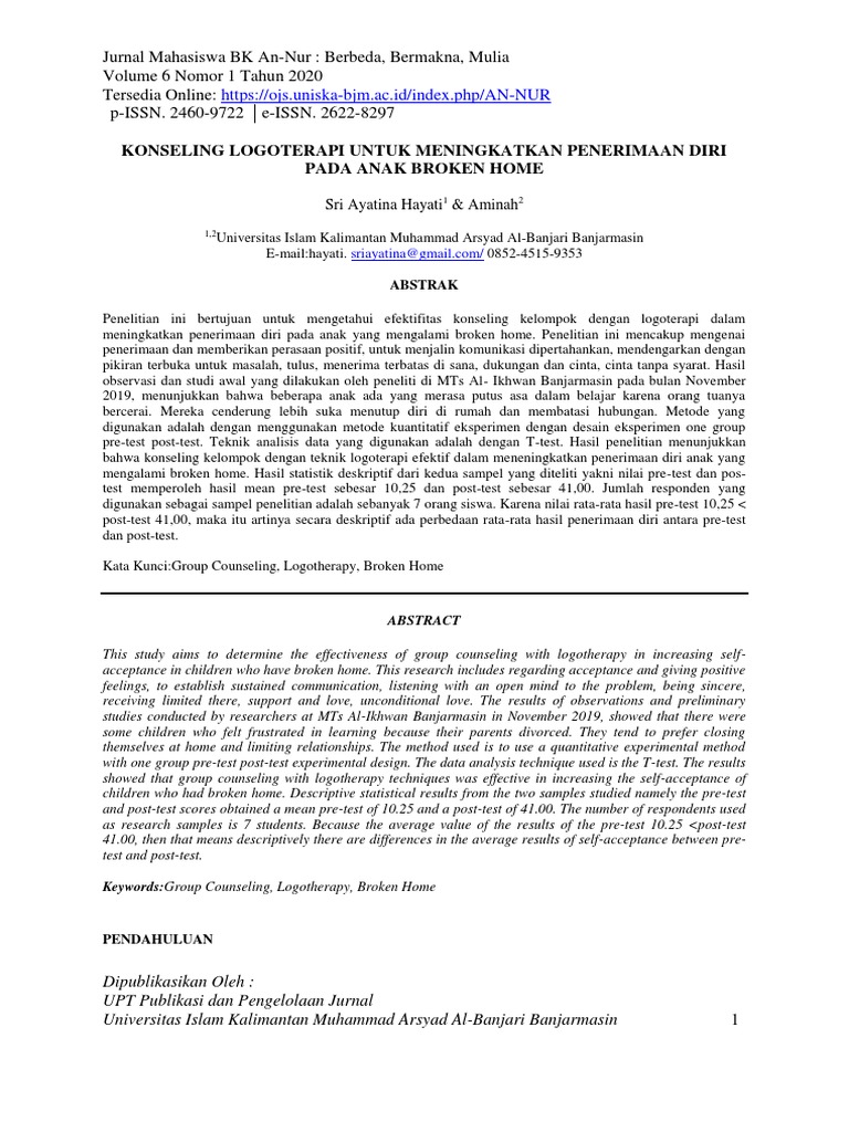 Konseling Logoterapi Untuk Meningkatkan Penerimaan Diri Pada Anak Broken Home | PDF