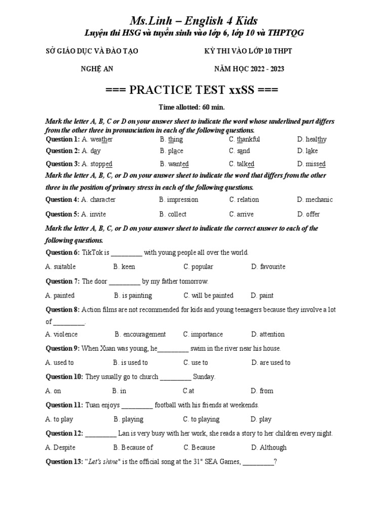 Practice English Test with Reading Comprehension, Vocabulary, Grammar ...