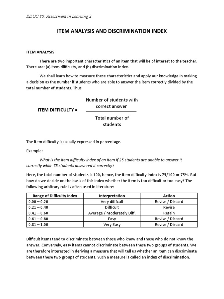 Item Analysis and Discrimination Index | PDF | Cognition | Cognitive ...