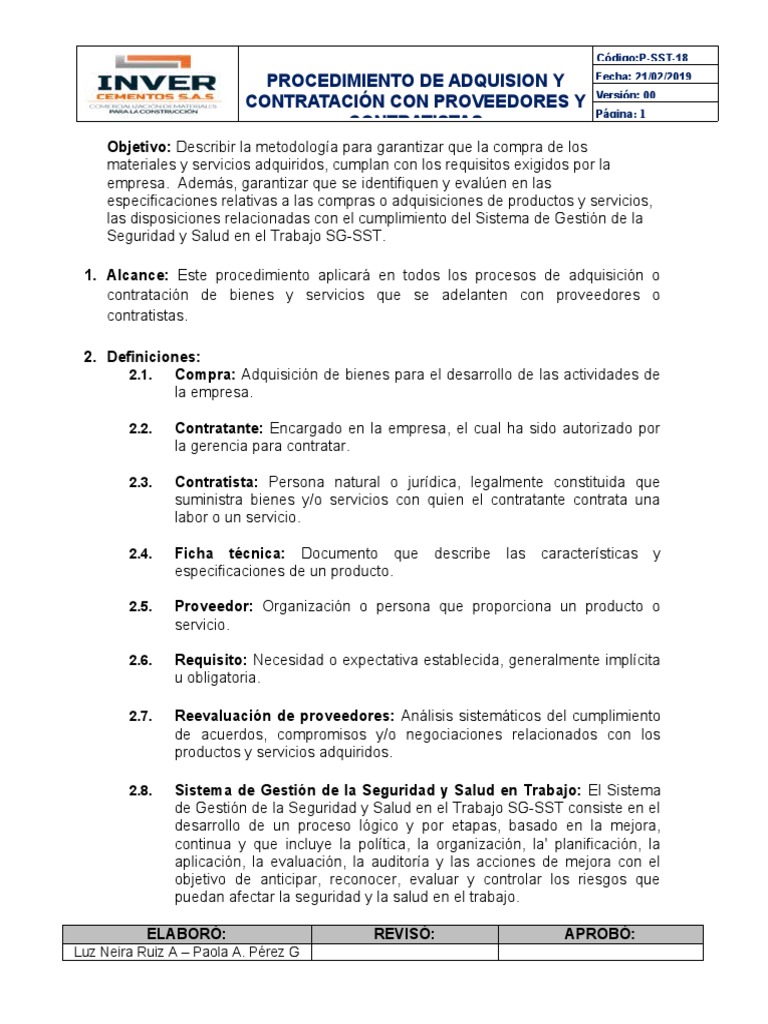 P-SST-18 Procedimiento de Adquisiciones y Contratación | PDF | Outsourcing