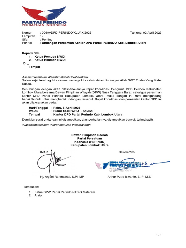 Undangan Peresmian Kantor DPD Perindo | PDF