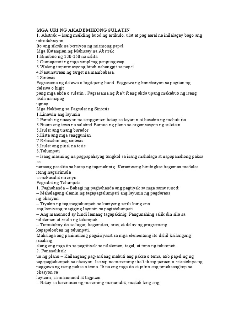 Mga Uri NG Akademikong Sulatin | PDF
