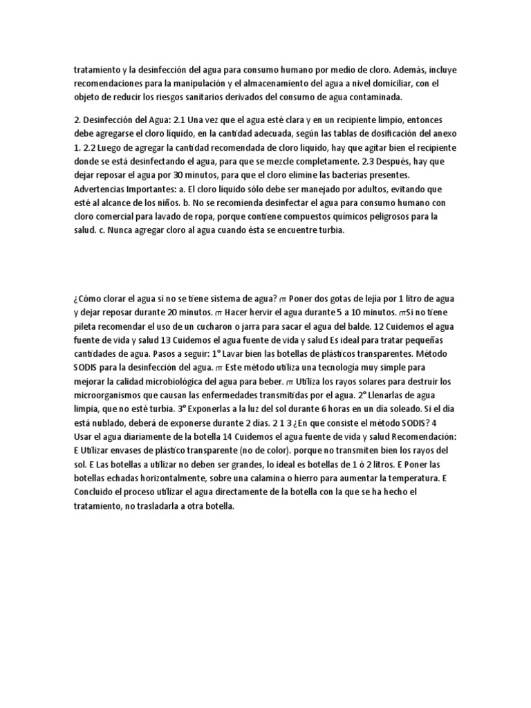 Tratamiento Y La Desinfección Del Agua Para Consumo Humano Por Medio De
