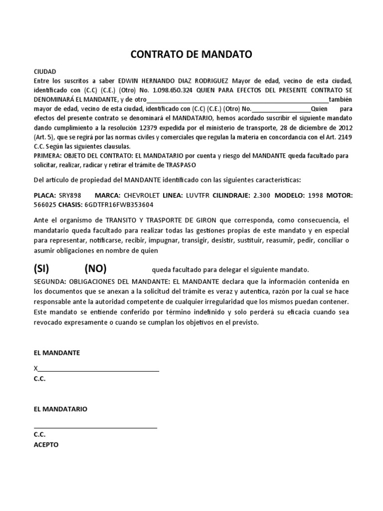 CONTRATO DE MANDATO Transito | PDF