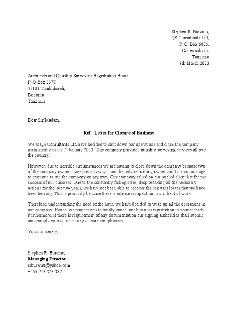 Ref: Letter For Closure of Business | PDF
