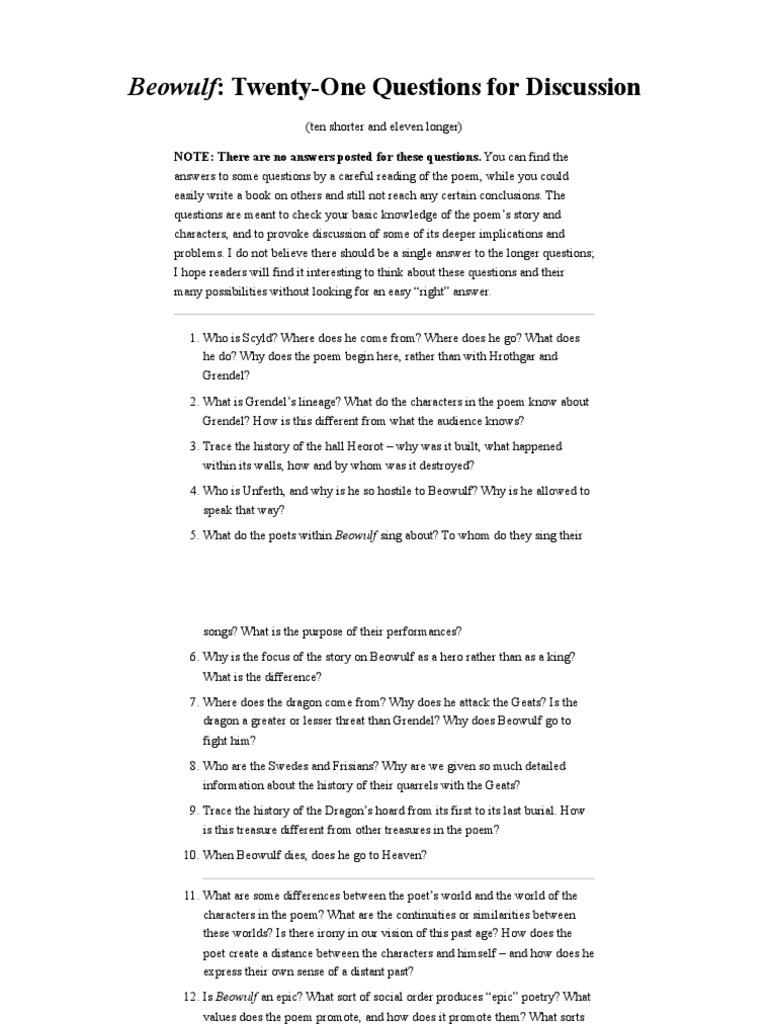 Beowulf: Twenty-One Questions For Discussion | PDF