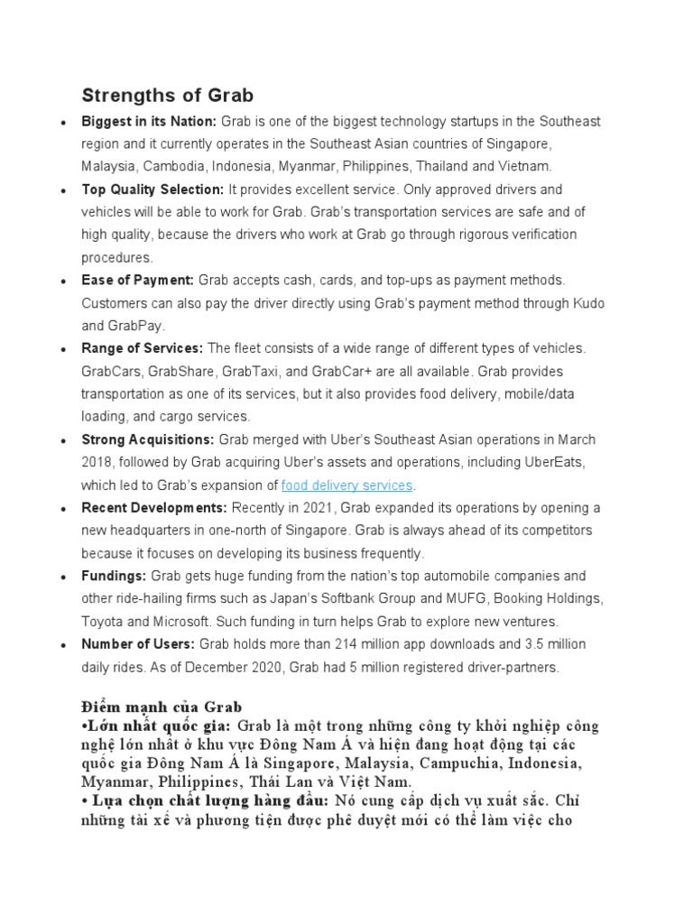 Strengths of Grab: Điểm mạnh của Grab - Lớn nhất quốc gia: Grab là một ...