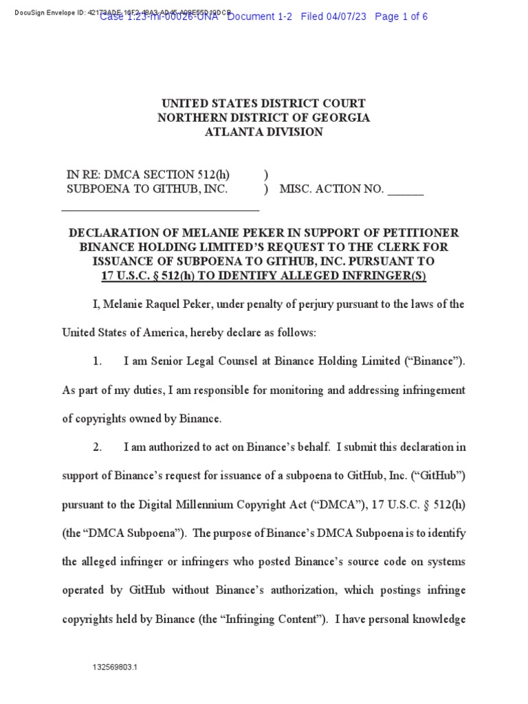 Binance Declaration GitHub Subpoena | PDF | Online Copyright Infringement Liability Limitation ...