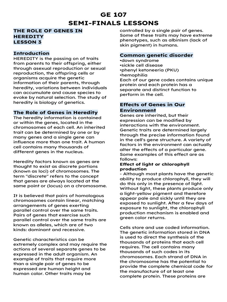 GE 107 Semi-Finals Lessons: The Role of Genes in Heredity Lesson 3 Common Genetic Disorder | PDF