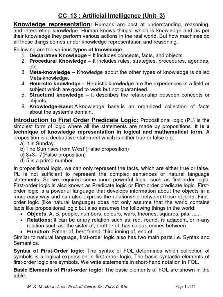 CC-13: Artificial Intelligence (Unit-3) Knowledge Representation | PDF