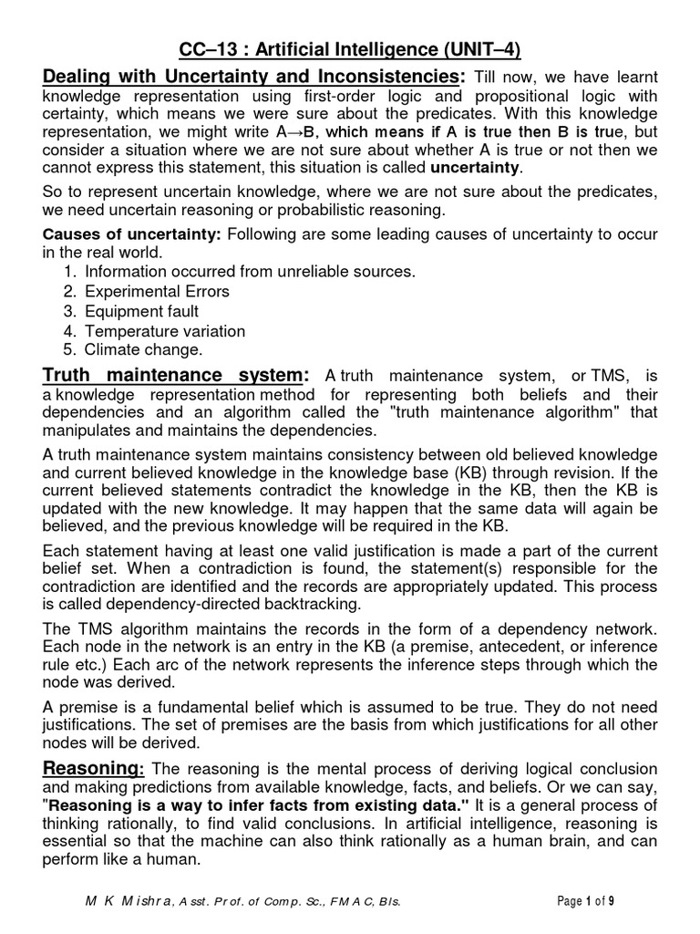 CC-13: Artificial Intelligence (UNIT-4) Dealing With Uncertainty and Inconsistencies | PDF ...