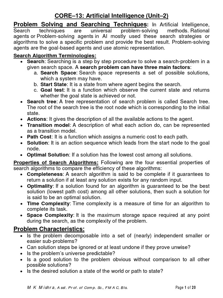 CORE-13: Artificial Intelligence (Unit-2) Problem Solving and Searching Techniques | PDF ...
