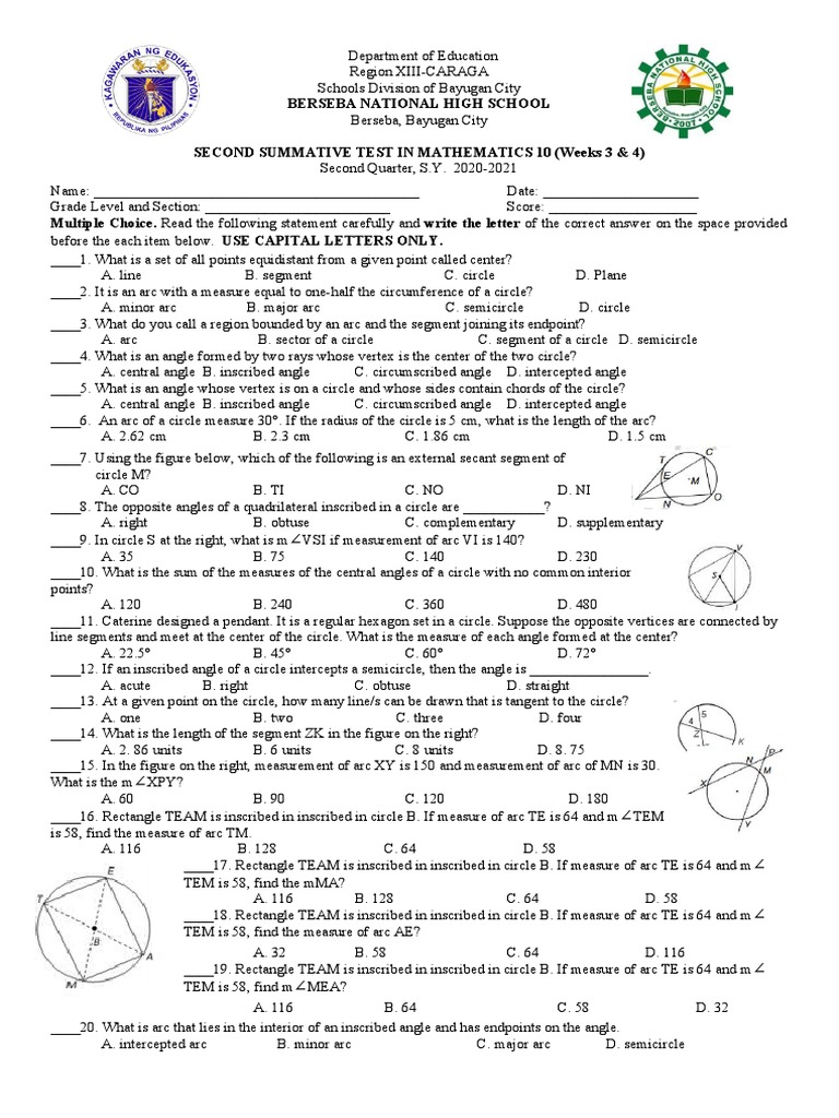 Math 10 Sum Q2 W3 4 Pdf Circle Angle
