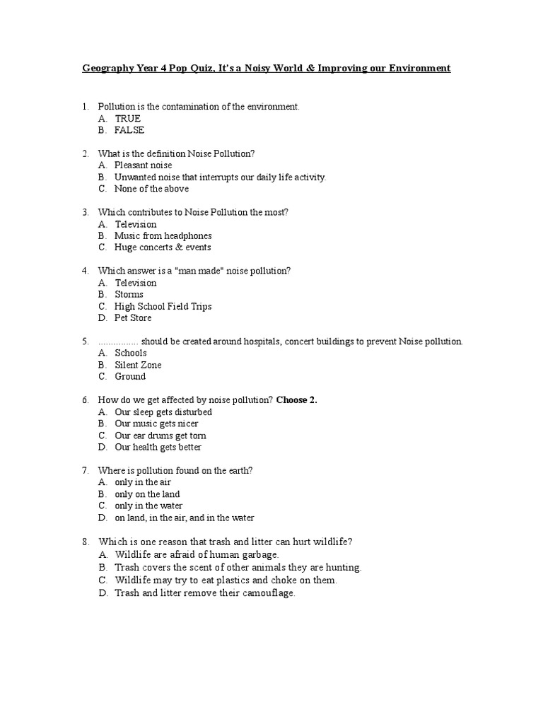 Geography Year 4 Pop Quiz ENVIRONMENT | PDF | Pollution | Waste