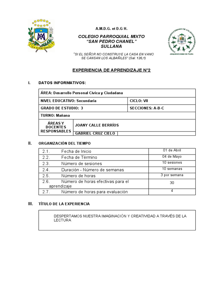 Experiencia de Aprendizaje N°2: Colegio Parroquial Mixto "San Pedro Chanel" Sullana | PDF ...