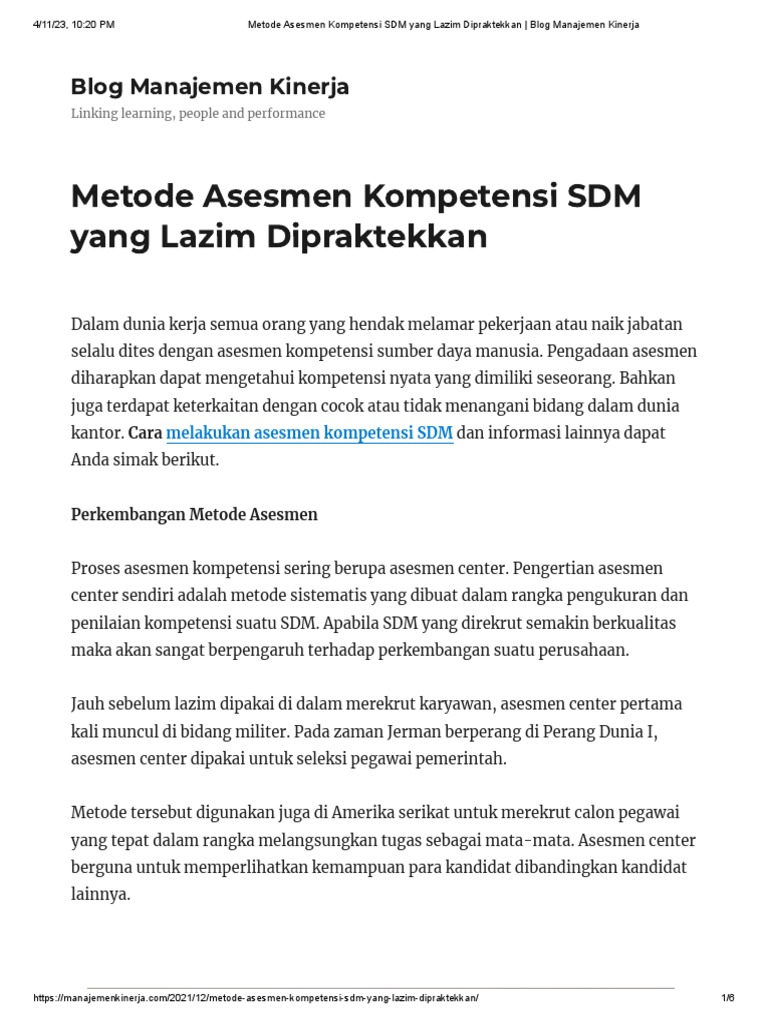 Metode Asesmen Kompetensi SDM Yang Lazim Dipraktekkan - Blog Manajemen Kinerja | PDF | Karier ...