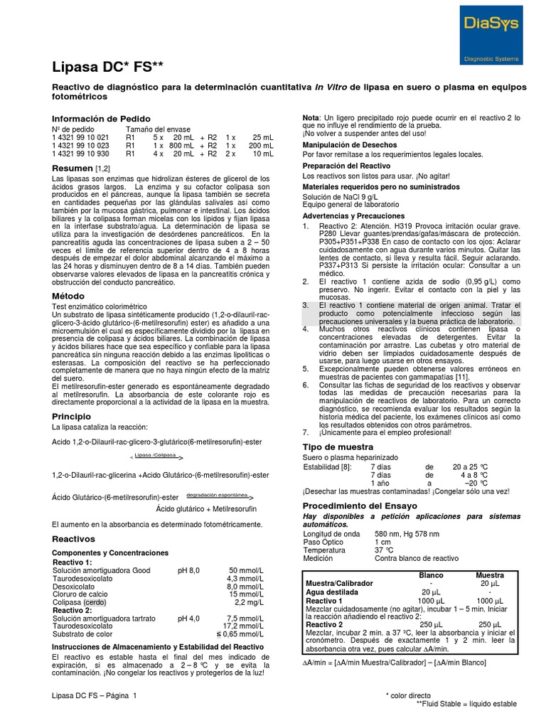LIPASA Diasys | PDF | Química | Sustancias químicas