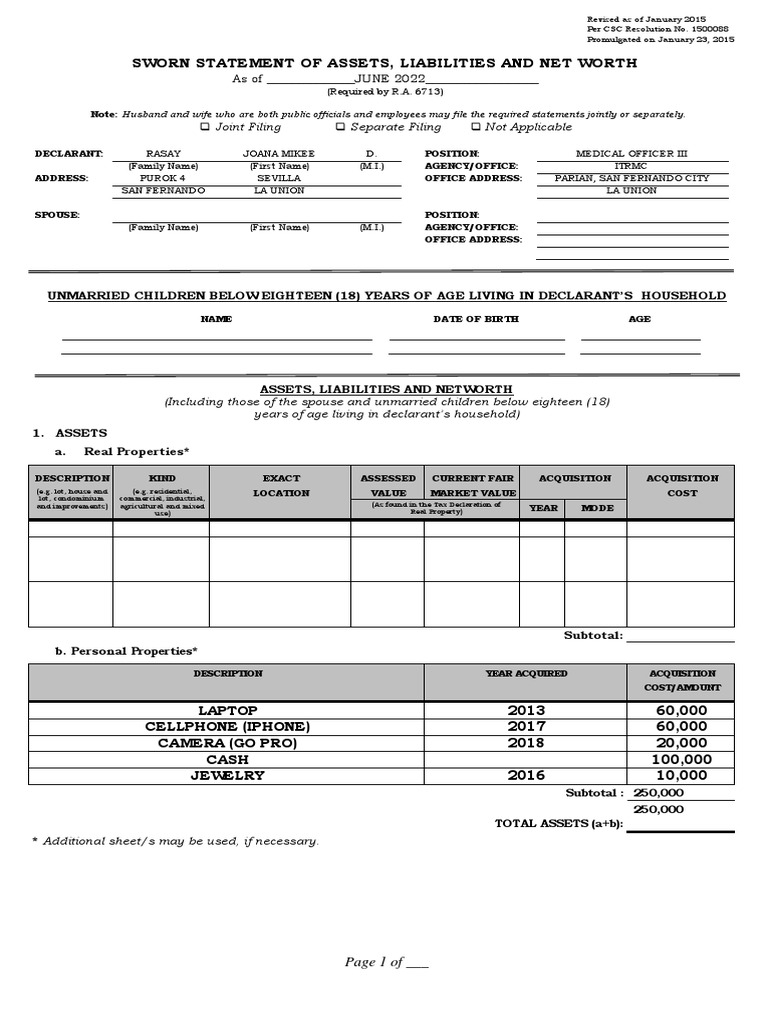 Sworn Statement of Assets, Liabilities and Net Worth | PDF | Net Worth ...