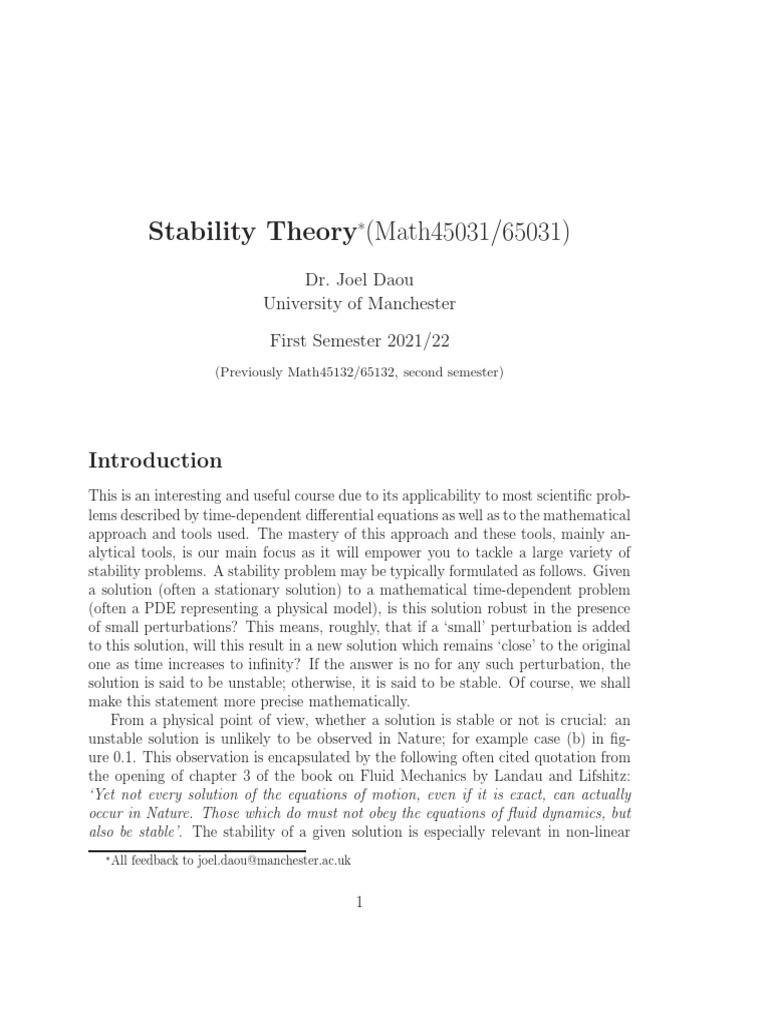 Stability Theory (Math45031/65031) : Dr. Joel Daou University of Manchester First Semester 2021/ ...