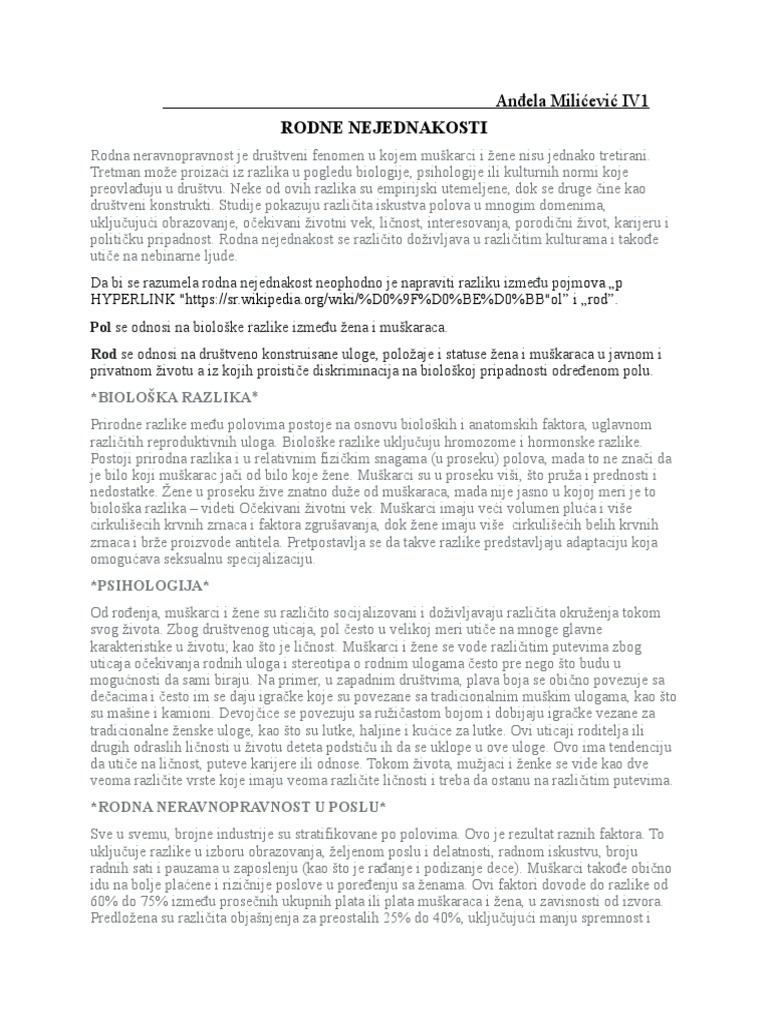 Anđela Milićević IV1 Rodne Nejednakosti: Da Bi Se Razumela Rodna ...